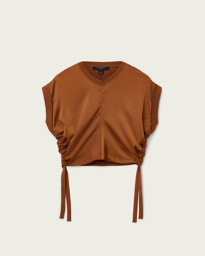 Mira Cropped Satin Drawcord T-Shirt RUST BROWN | ALLSAINTS US